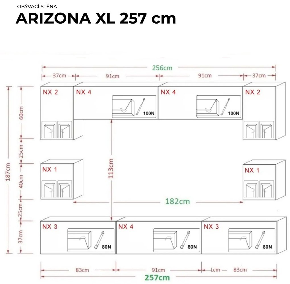 Ral Obývací stěna ARIZONA XL, 257 cm - Bílo/černý lesk