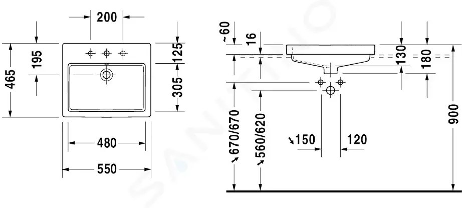 DURAVIT - Vero Umyvadlo zápustné 550x465x180 mm, s 1 otvorem pro baterii, alpská bílá (0315550000)