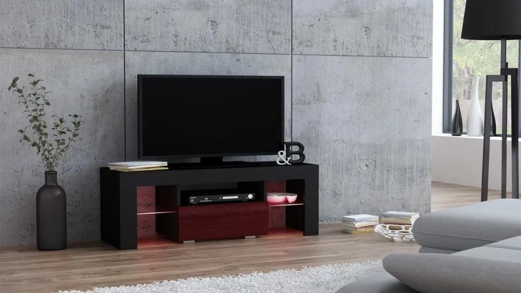 Mazzoni TV stolek MILA lesk 110 LED černá, burgund zásuvka