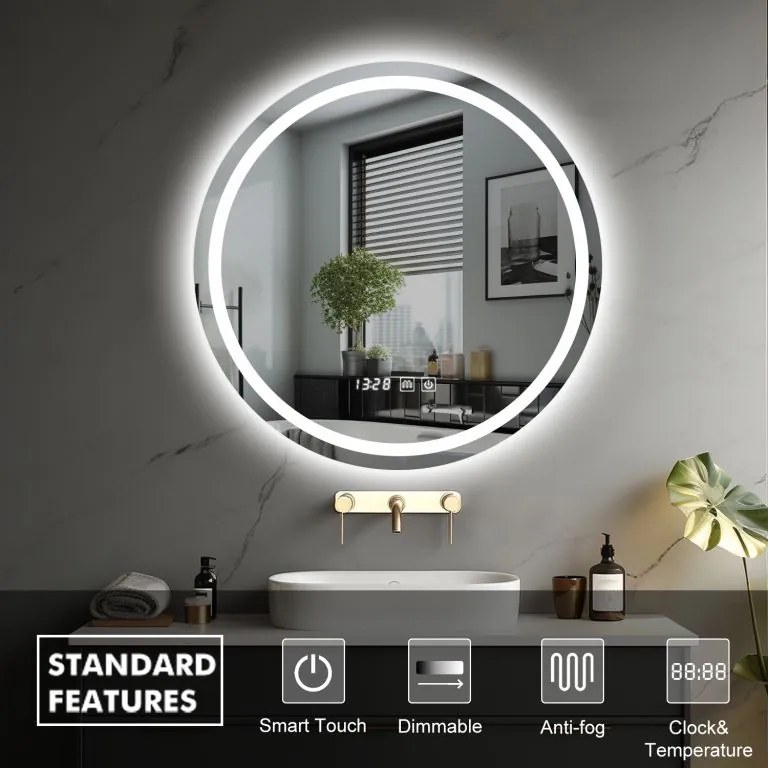 Kulaté LED zrcadlo 70 cm s odmlžováním a hodinami