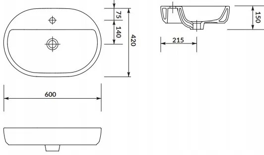 Cersanit Caspia Oval Box, umyvadlo na desku 60 x 42 cm, bílá, K11-0099