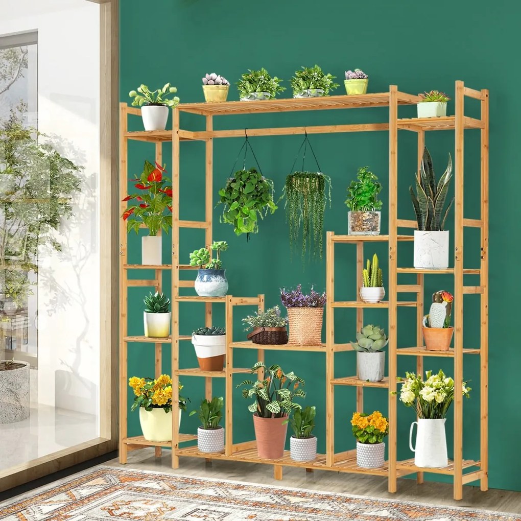 Costway Bamboo Plant Police s 9 vrstvami a závěsným rámem Stojací police