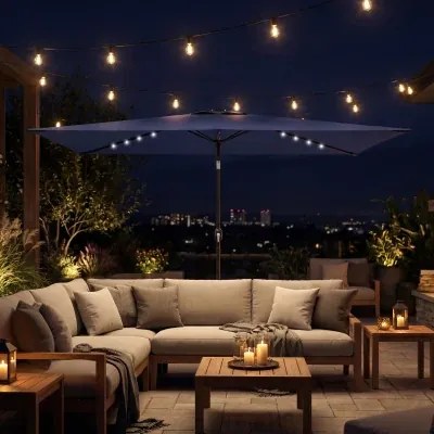 Outsunny slunečník na terasu 2,9 × 2,0 m – 24 solárních LED, klika a nastavitelný náklon, tmavě modrý