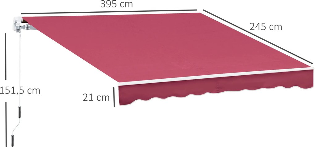 Manuální Retrakční Slunečník Outsunny 395x245 cm s Voděodolnou a UV-ochrannou Kovovou Kličkou pro Zahradní Terasy a Okna
