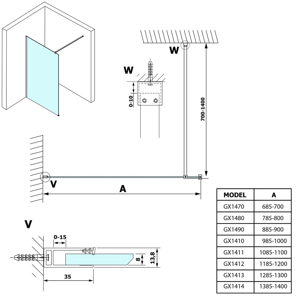 Sapho, VARIO WHITE jednodílná sprchová zástěna pro instalaci ke zdi, matné sklo, 700 mm, GX1470GX1015