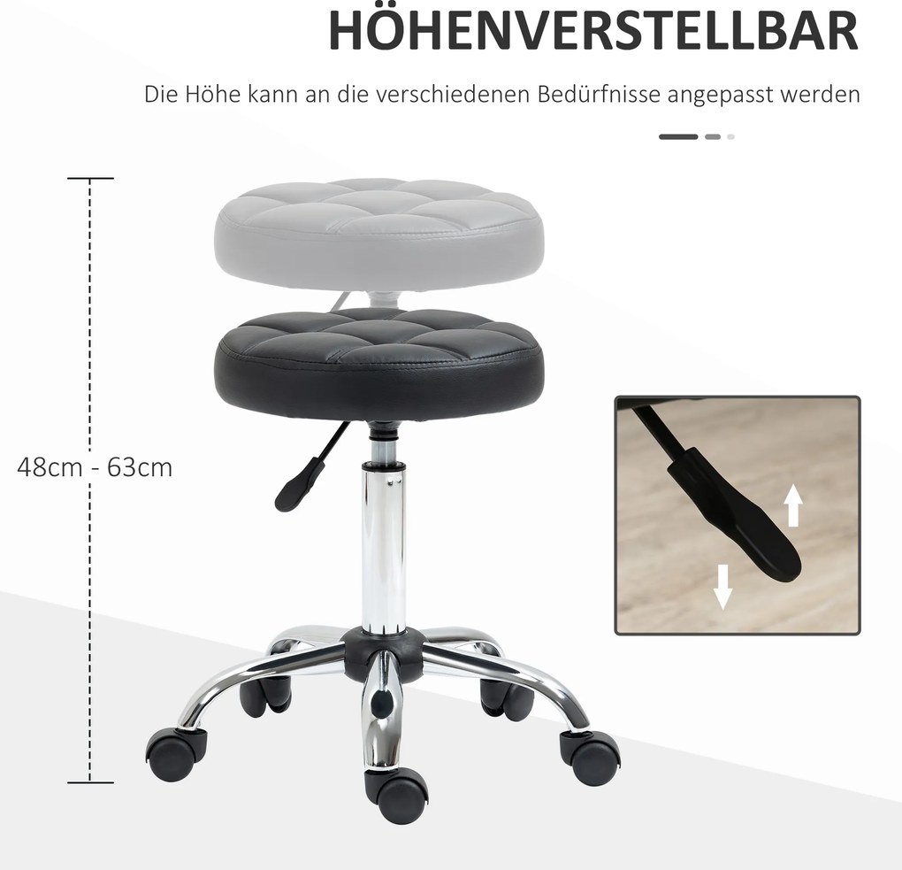 Vinsetto Roll Stool Výškově nastavitelná otočná pracovní stolička černá Ø35,5 cm, umělá kůže pro kancelář a salon 51-67 cm | Aosom.de