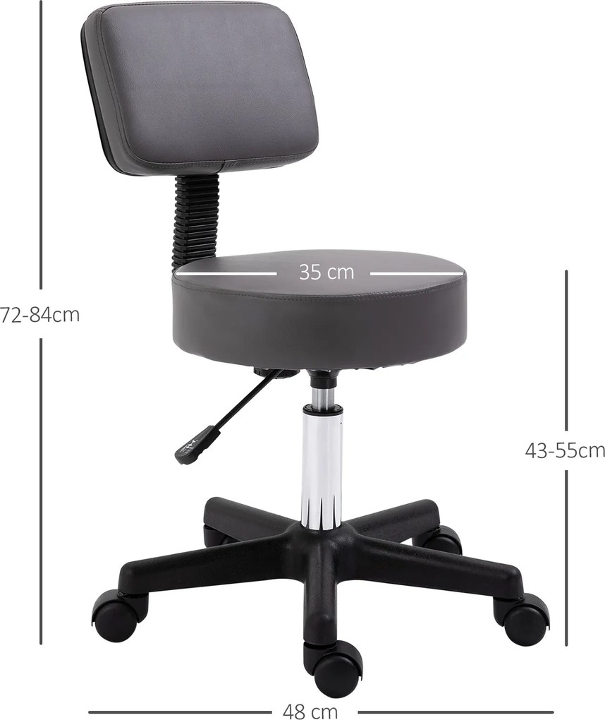 HOMCOM Rolovací stolička Výškově nastavitelná pracovní stolička s opěradlem, otočná salonní stolička z imitace kůže Šedá Ø35 x 72-84 cm pro masáže a …