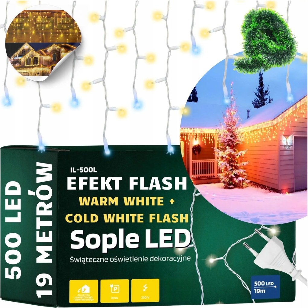 Závěs 500 Led Rampouchy Bílé Teplé Venkovní Osvětlení Flash Osvětlení 19 M