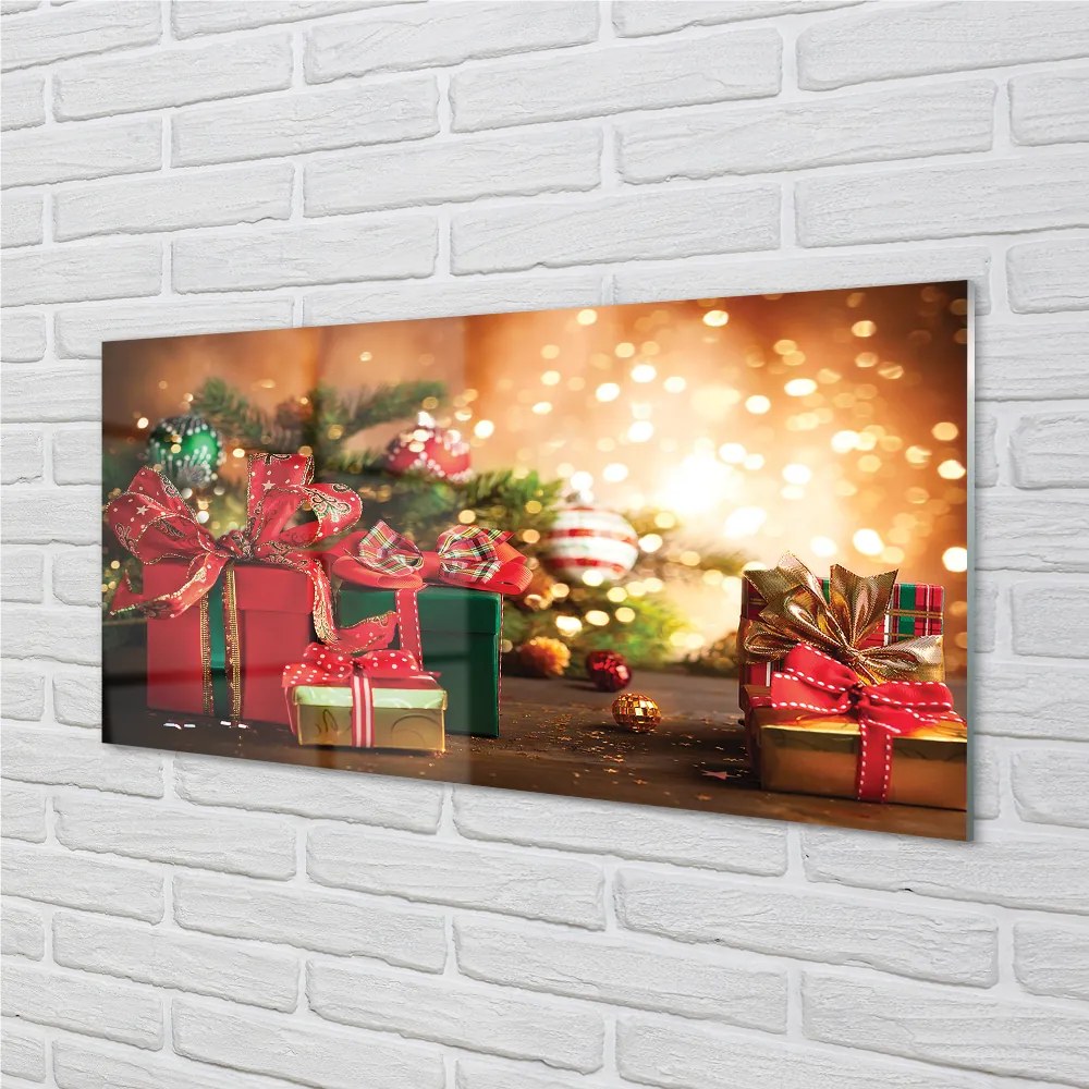 Skleněný panel Dárky vánoční ozdoby světla 140x70 cm