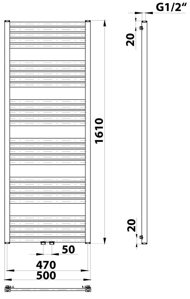 Bruckner, GRUNT topné těleso 500x1610 mm, středové připojení, černý mat, 600.123.6