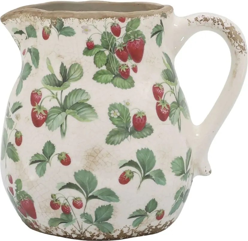 Krémový antik keramický džbán s jahůdkami Fraises - 16*15 cm