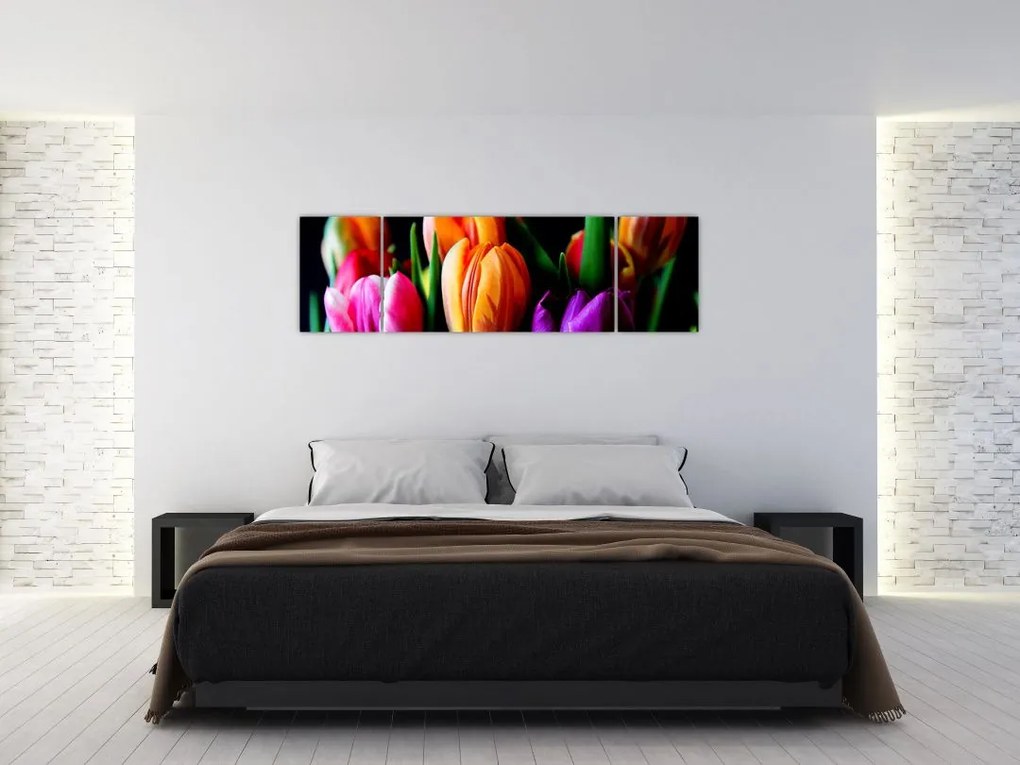 Obraz tulipánů na černém pozadí (170x50 cm)