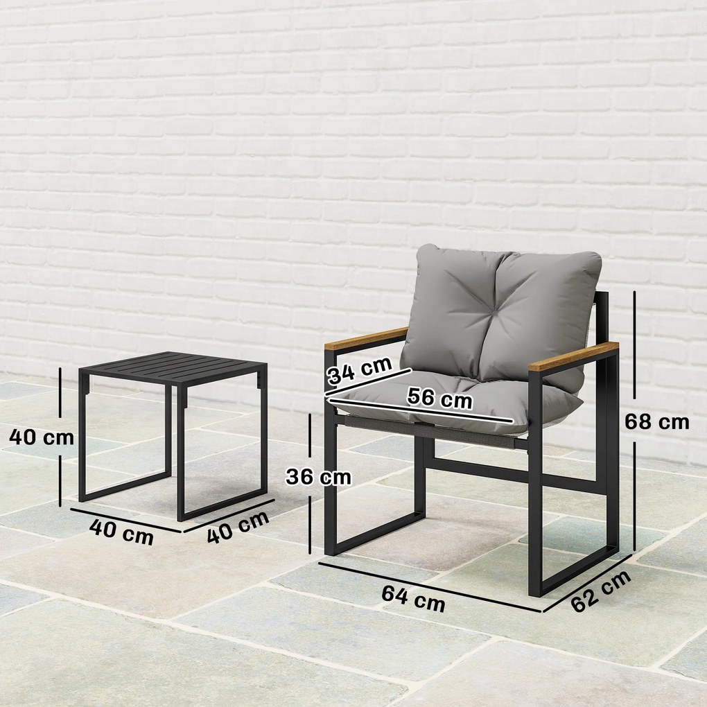 Outsunny 3dílný bistro set pro 2 osoby — kovový rám, polstrovaná křesla a odkládací stolík, zahradní nábytek na balkon, terasu nebo trávník