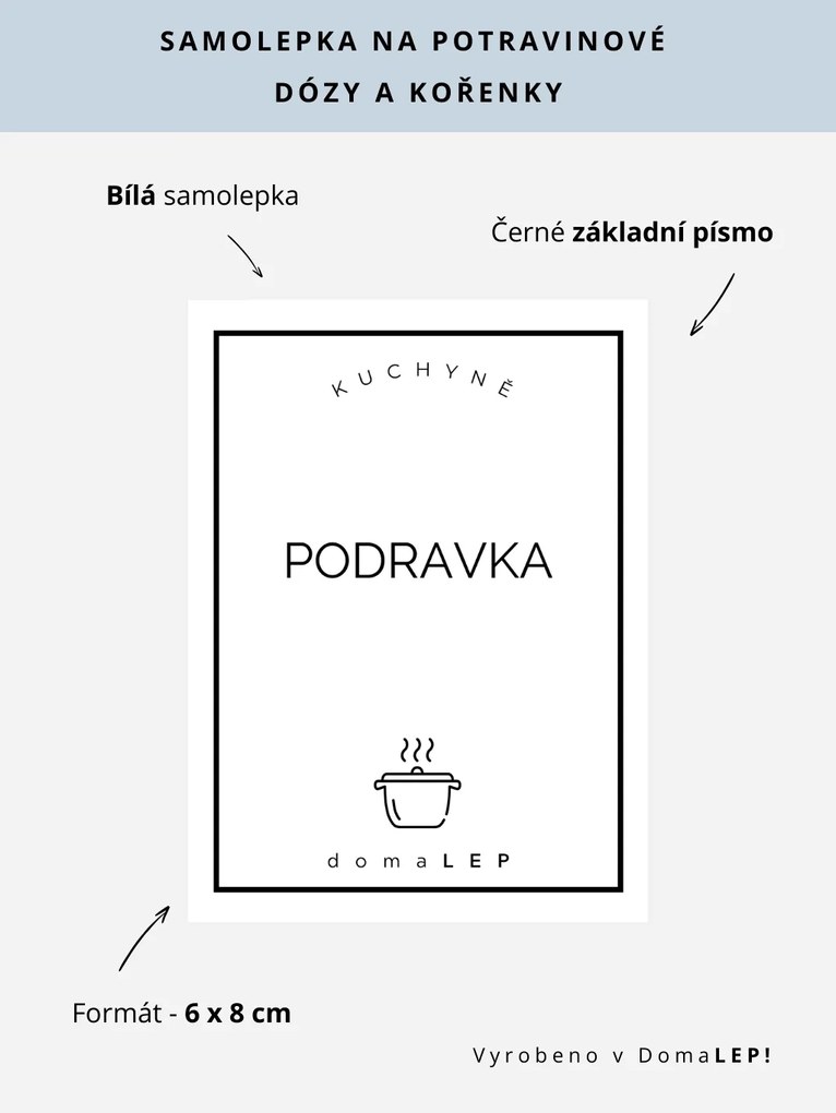 PODRAVKA – bílá samolepka na dózu, základní písmo, 6 x 8 cm | DomaLEP