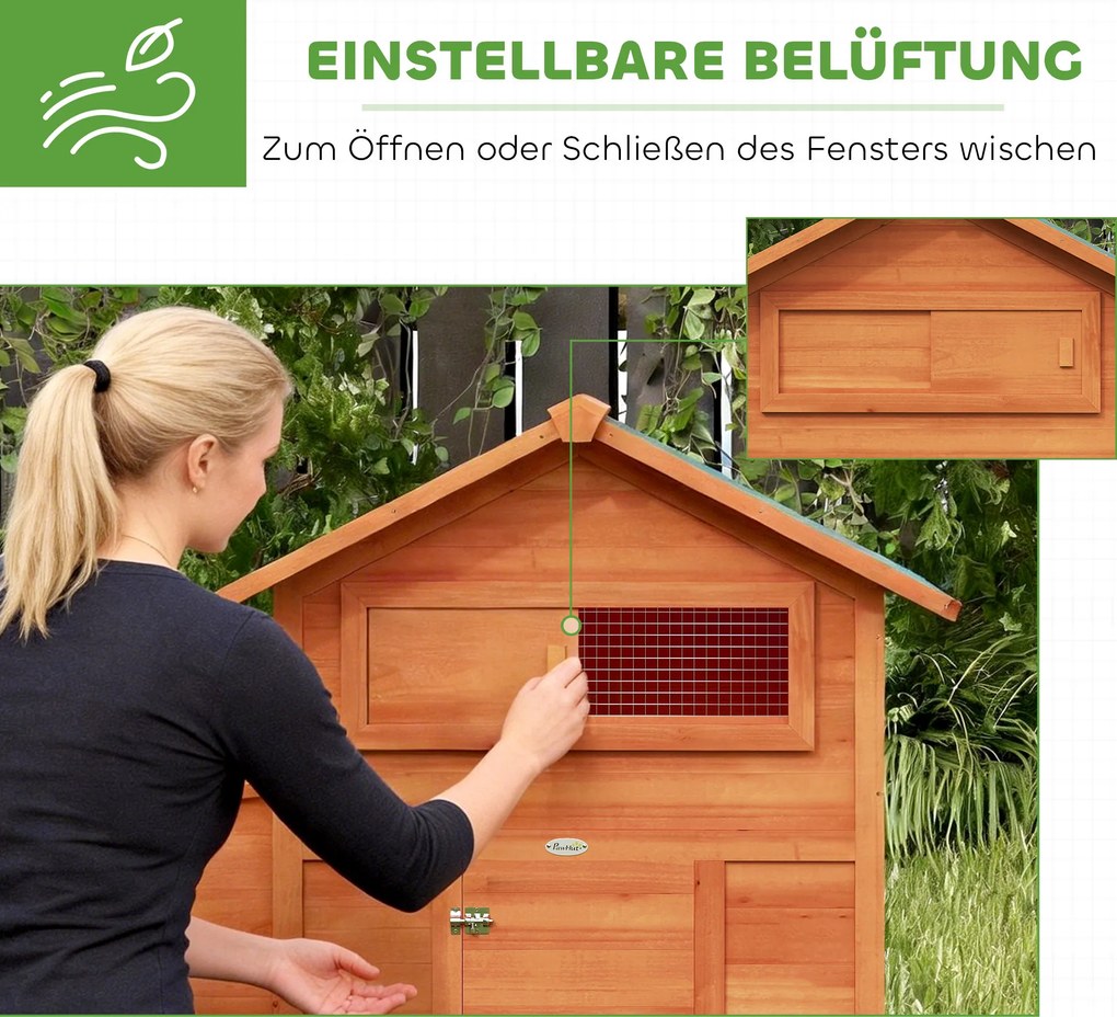 PawHut Kurník Dřevěný kurník s hnízdním boxem 2 bidýlka Rampa Okno Vodotěsná střecha 113,5x67,5x95,5 cm Oranžová barva