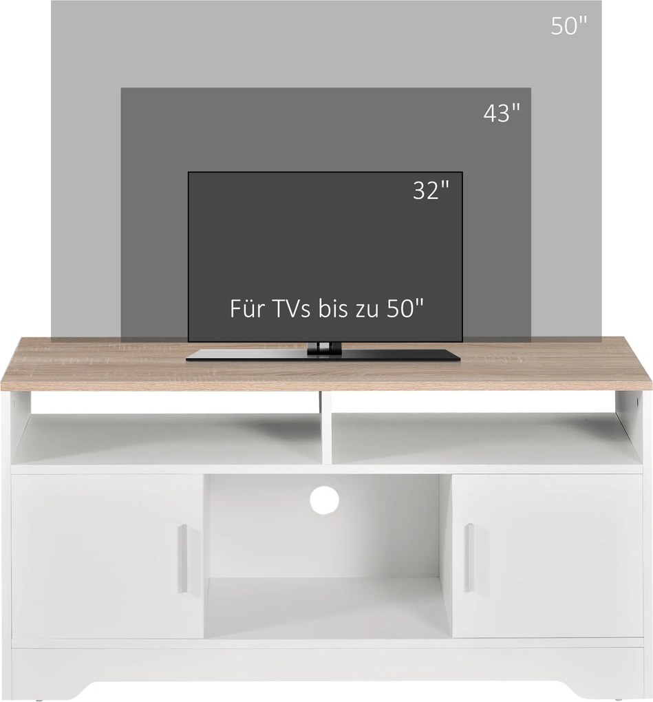 HOMCOM TV Skříňka pro Obývací Pokoj s Velkým Úložným Prostorem, Otevřené Police, Správa Kabelů, Klasický Design 105x40x52 cm Bílá