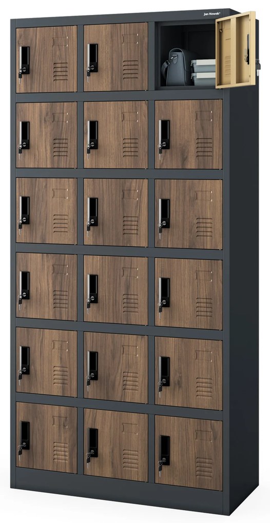 Skříňka pro zaměstnance s 18 uzamykatelnými boxy, bílá antracit/ořech, 900x1850x400 mm: KAROL Eco Design