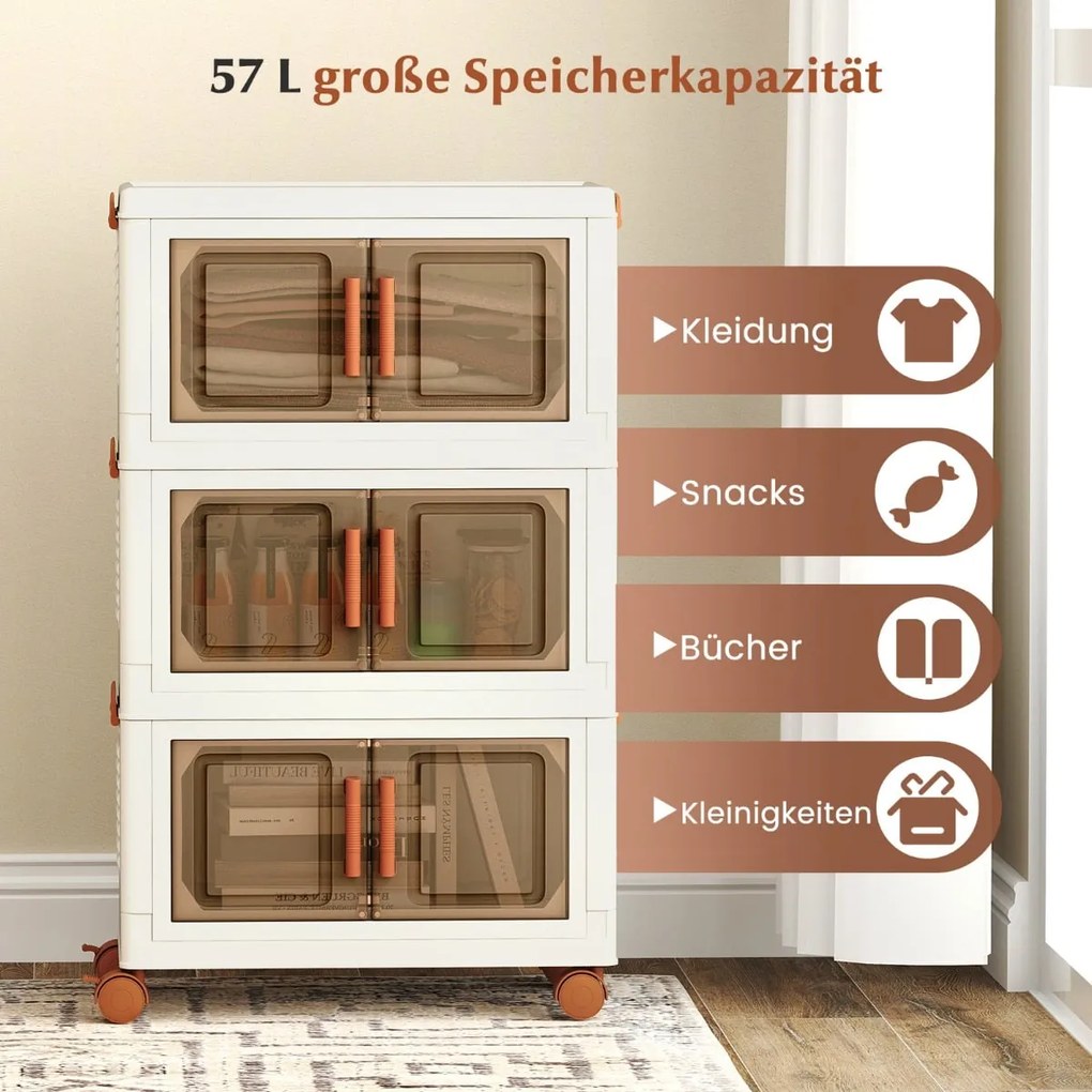 Costway Úložný box s víkem a kolečky a průhlednými dveřmi Skládací stohovací