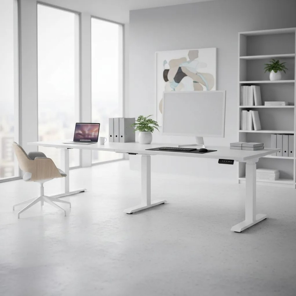 Výškově nastavitelný stůl OfficeTech Long, 260 x 80 cm, bílá podnož, světle šedá