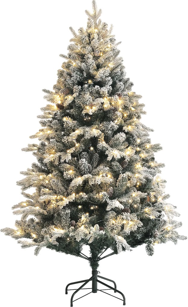 HOMCOM Umělý vánoční stromek, 180 cm, LED světla, pokrytý sněhem, nehořlavý, kov