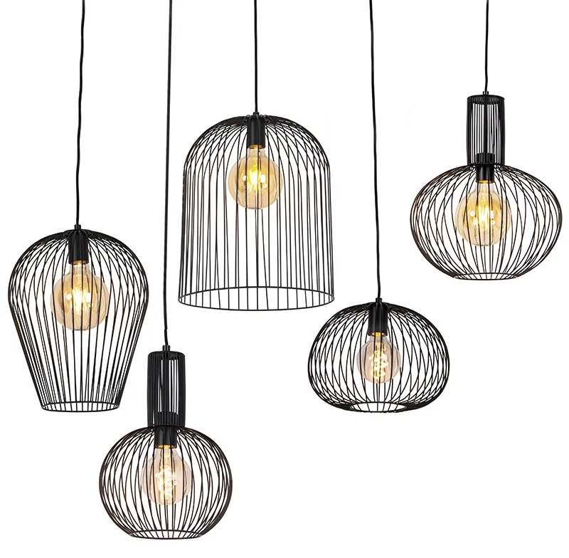 Sada 5 designových závěsných lamp černá - Dráty