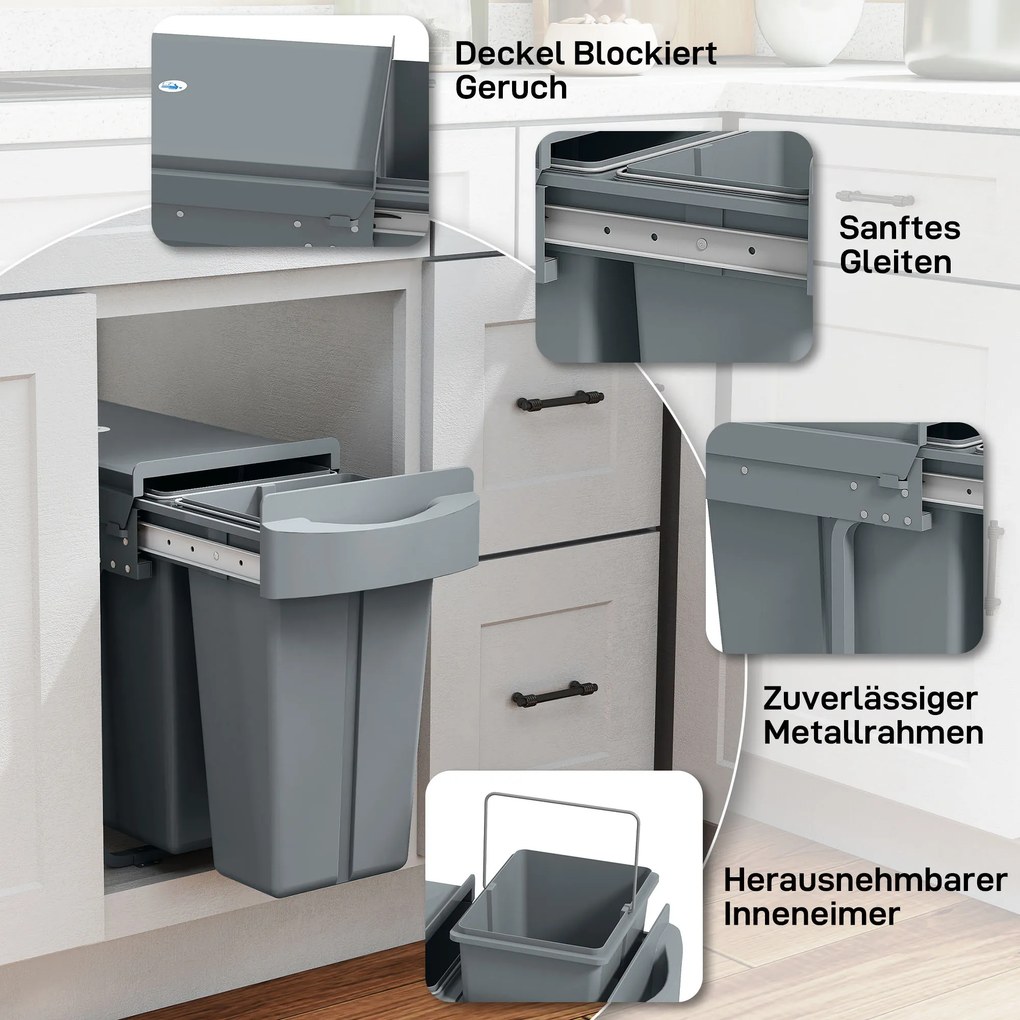 HOMCOM Vysunovací odpadkový koš, kuchyňský koš s 2 vyjímatelnými nádobami, rukojeť, 30 litrů (20 L + 10 L), kov, šedá