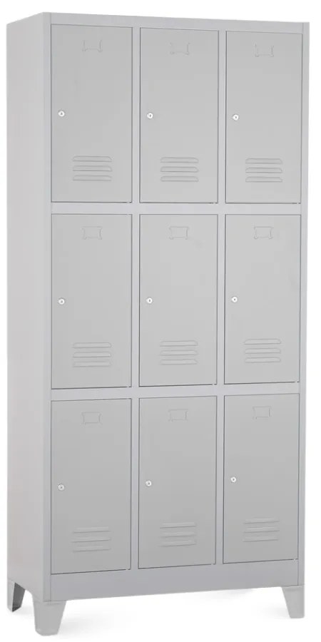 Kovová šatní skříňka - 9 boxů, 90 x 45 x 195 cm, pevné nohy, cylindrický zámek, světle šedá - ral 7035