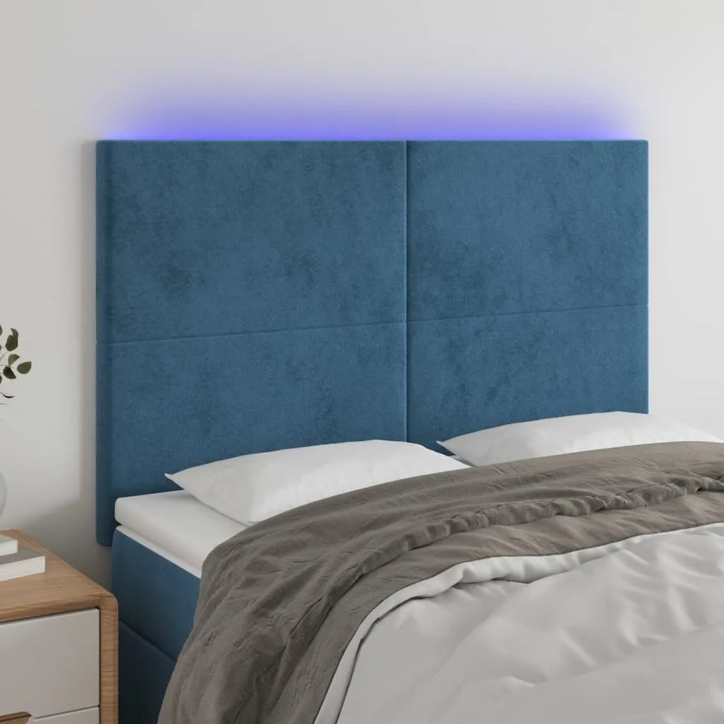 Čelo postele s LED tmavě modré 144x5x118/128 cm samet 3122196