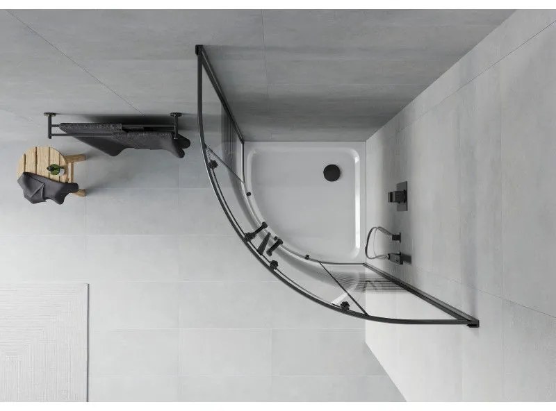 Mexen Rio, čtvrtkruhový sprchový kout s posuvnými dveřmi 90 (dveře) x 90 (dveře) x 190 cm, 5mm čiré sklo s pásky, černý profil + bílá sprchová vanička Slim, 863-090-090-70-20-411