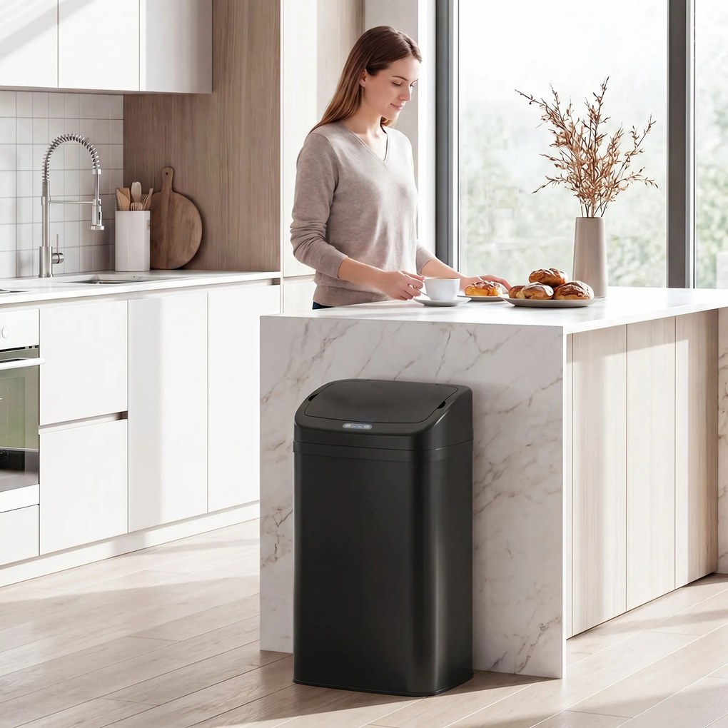 HOMCOM 48l senzorem řízený odpadkový koš pro kuchyň nebo kancelář, automatická uzavírací funkce, nerezová ocel, černý