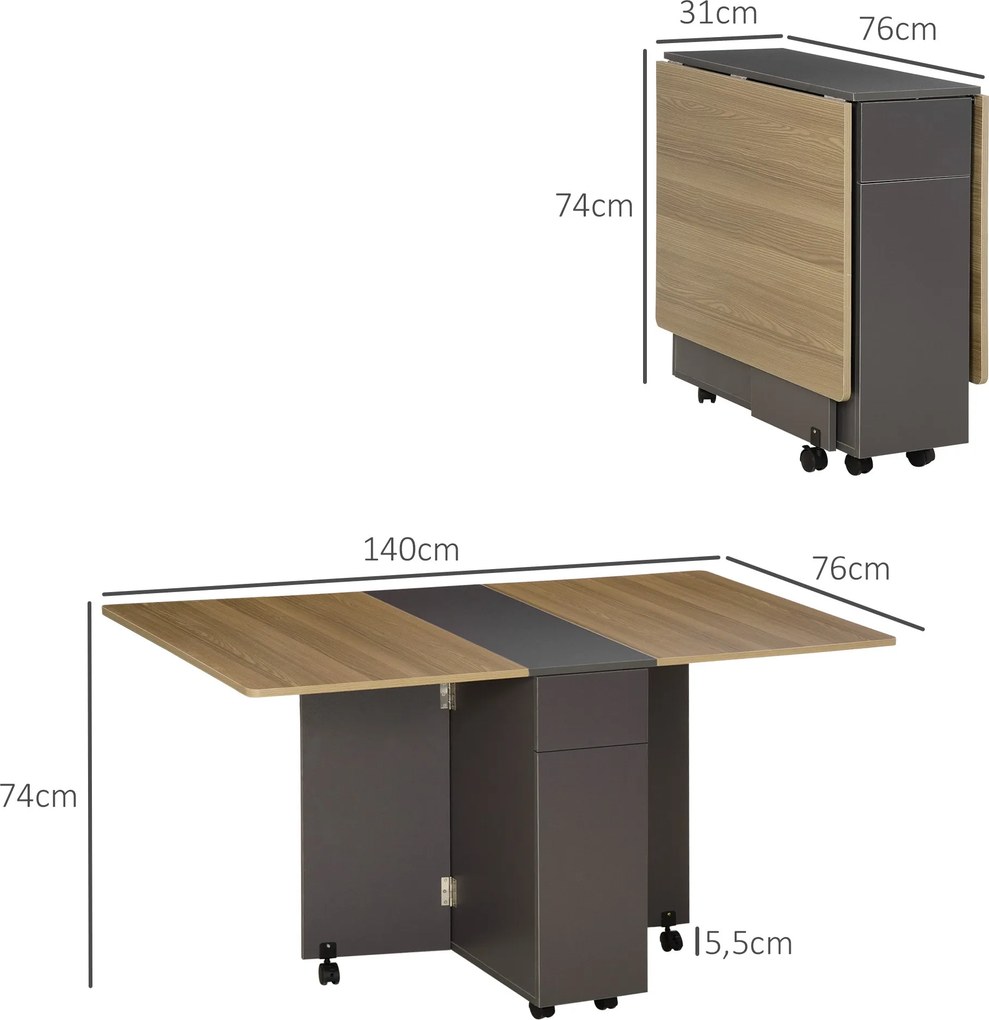 HOMCOM Skládací jídelní stůl na kolečkách se skřínkou a 2 šuplíky 76 x 140 x 74 cm šedý a přírodní dřevo