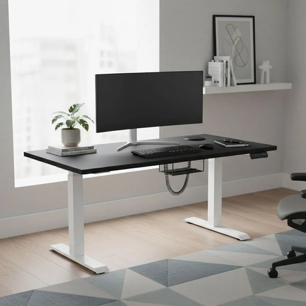 Výškově nastavitelný stůl OfficeTech D, 140 x 80 cm, bílá podnož, černá