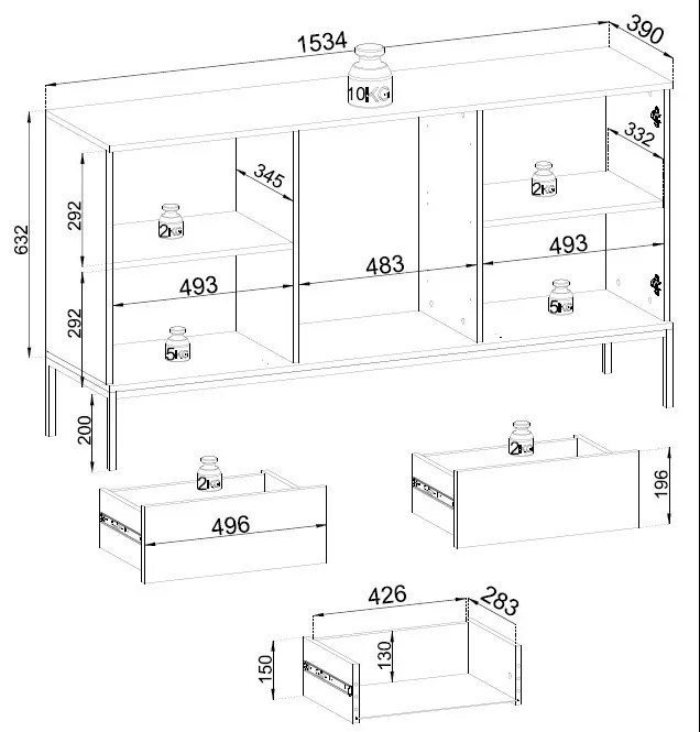 Komoda se zásuvkami Sento, černá/dub wotan, s osvětlením