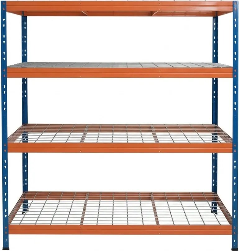 Kovový regál RIVET PRO 180x150x45 ocelová mřížka 4 úrovně modro-oranžová