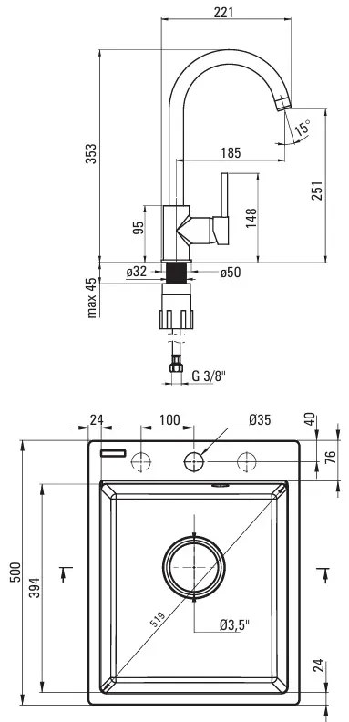 Deante Granite sink with tap, 1-bowl