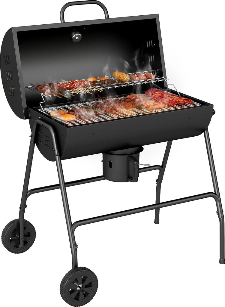 Outsunny Kovový Uhlíkový Gril BBQ Udírna s Termometrem v Poklici, Nastavitelný Držák pro Uhlí, Přenosný Grilový Vozík pro Barbecue a Kempování, 95x71.