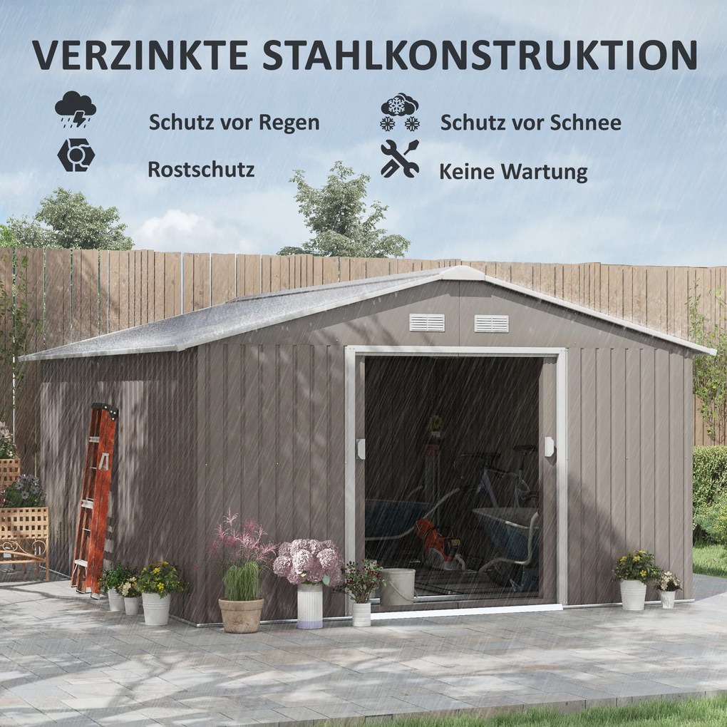 Outsunny Zahradní Kůlna 12,4 m², Zahradní Dům s Plochou Střechou, Posuvné Dveře, Základna, 386 x 340 x 200 cm, Zahradní Kůlna z Pozinkované Oceli, Od…