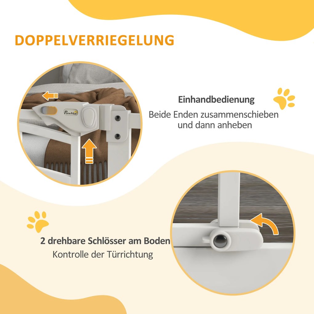 Schodišťová branka PawHut pro psy s automatickým zavíráním a klapkou pro kočky, bez vrtání, 74-100 cm, bílá