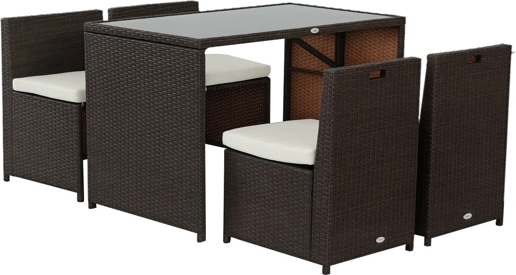 Outsunny 5dílná sada zahradního nábytku z poly ratanové, odolný balkonový nábytek pro 4 osoby s stolem, 4 židlemi a polštáři, lounge set pro balkon a