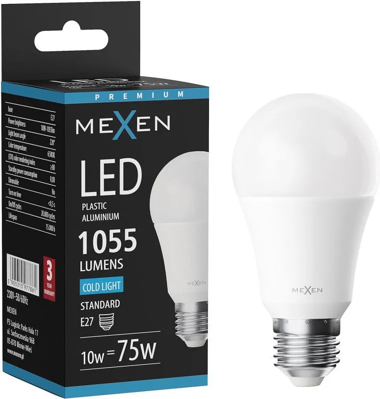 Mexen Nova LED žárovka E27, A60, 10W, Studená - 6500K, 1055 lm - L100-E27-1065-01