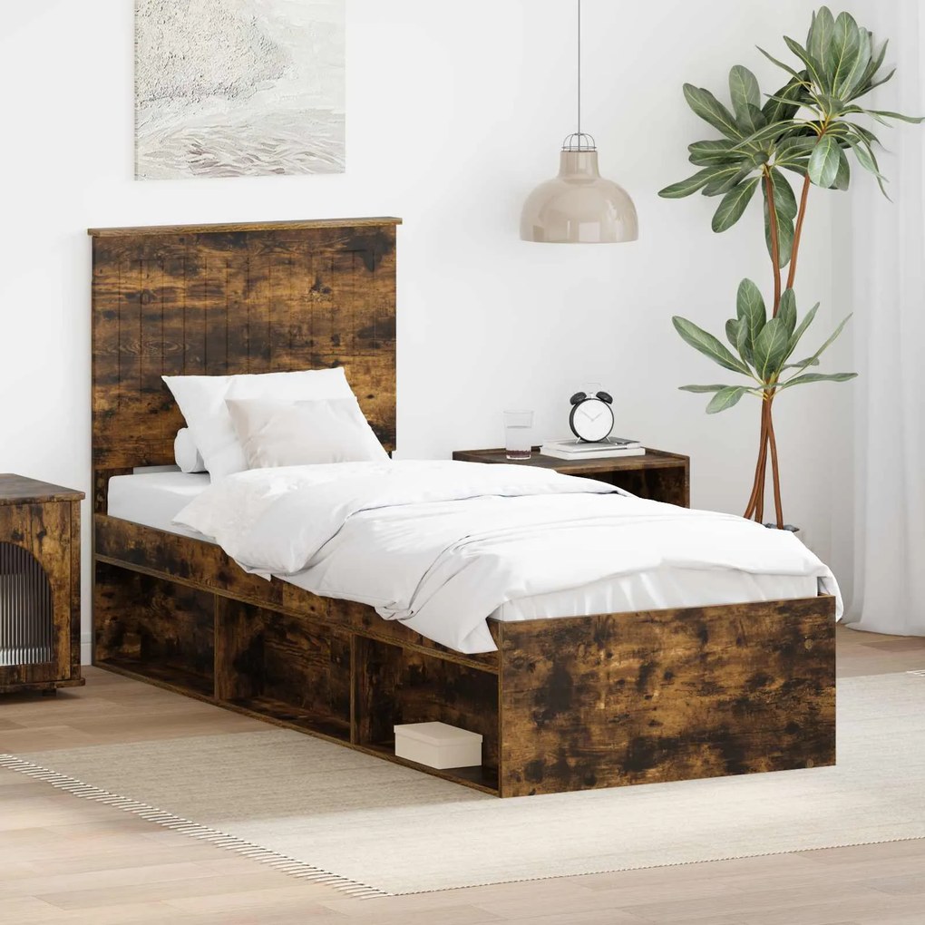Rám postele s čelo Kouřový dub 75 x 190 cm Masivní borové dřevo 3411077