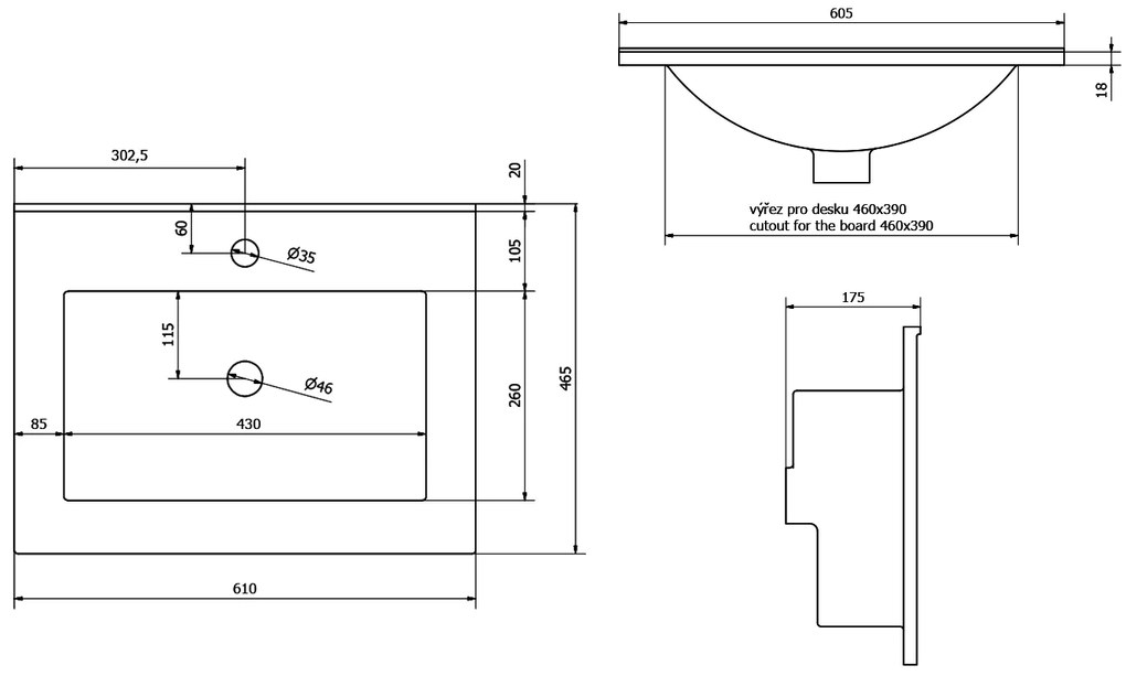 SAPHO SLIM keramické umyvadlo, nábytkové, 60x46cm, bílá, 1601-60