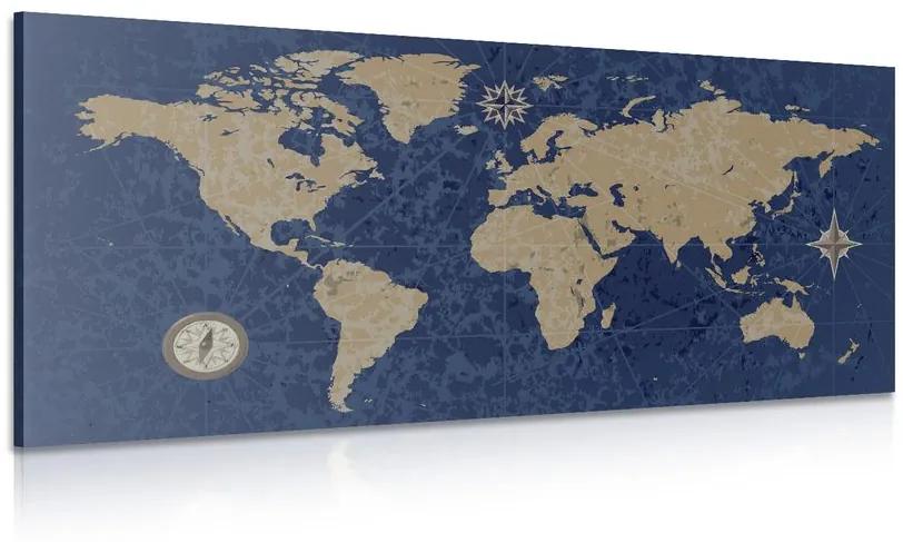 Obraz mapa světa s kompasem v retro stylu na modrém pozadí Varianta: 100x50