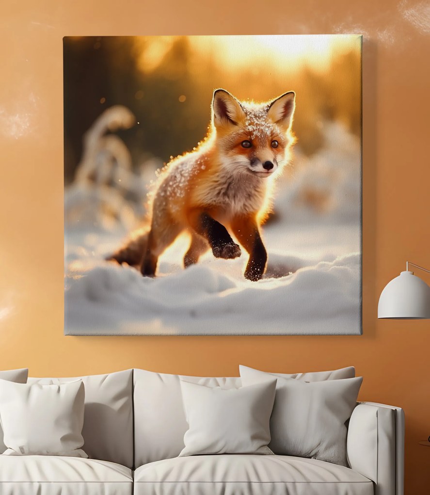 Obraz na plátně - Malá lištička běží zimní krajinou FeelHappy.cz Velikost obrazu: 100 x 100 cm