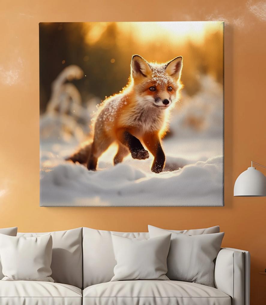Obraz na plátně - Malá lištička běží zimní krajinou FeelHappy.cz Velikost obrazu: 120 x 120 cm