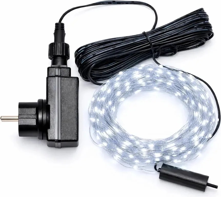 LED světelný řetěz, kapičky, 12 pramenů × 1,5 m , venkovní, ledově bílá, 180 diod, stříbrný kabel, IP44, vč. zdroje