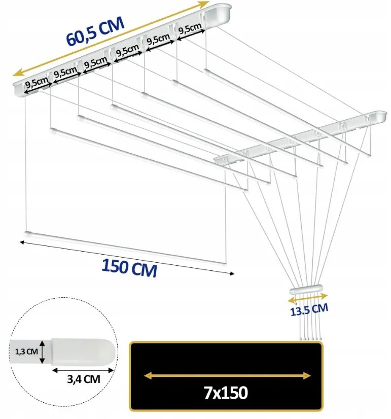 Erga Erga, stropní věšák na sušení prádla 7x150 cm, bílé, ERG-SEP-10SUSSUF1507P