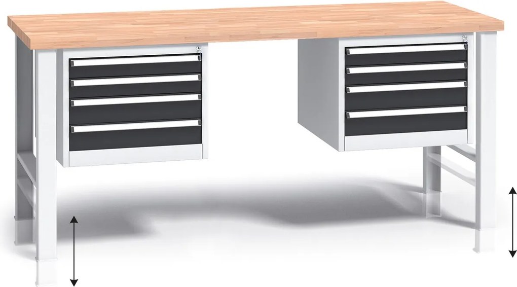 Výškově nastavitelný pracovní stůl do dílny G3 se 2 závěsnými boxy na nářadí, buková spárovka, 8 zásuvek, 2000 x 685 x 840 - 1050 mm, grafit