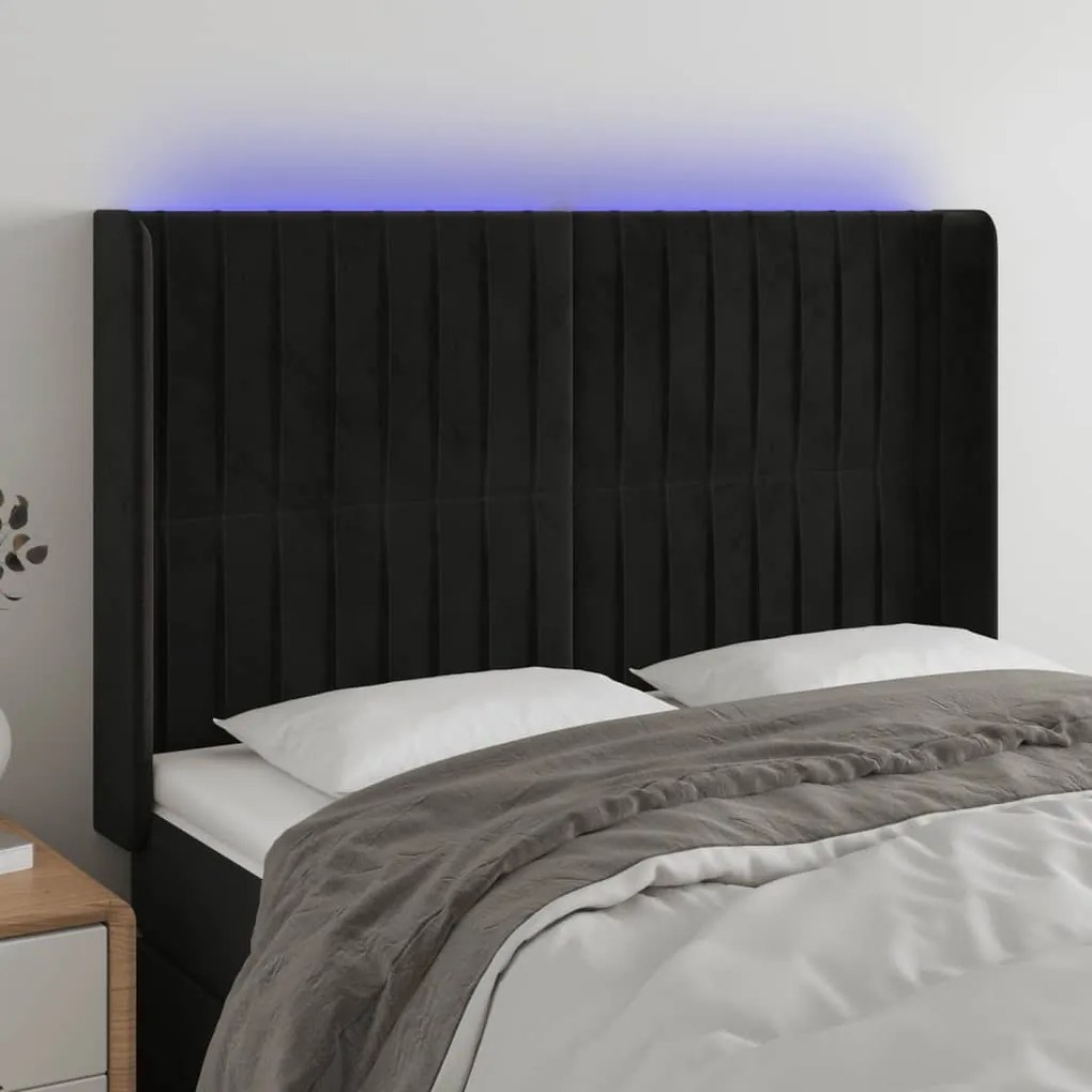 Čelo postele s LED černé 147 x 16 x 118/128 cm samet 3124336