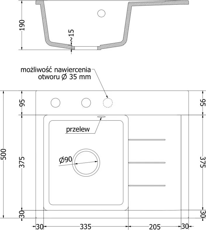 Mexen Ben, 1-komorový granitový dřez 600x500x190 mm, levý + zlatý sifon, černá skvrnitá, 6522605000-76-G